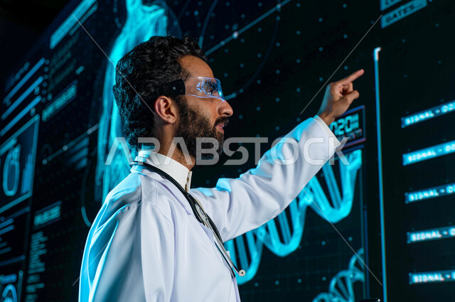 Future vision 2030, an Arab Saudi Gulf doctor wearing virtual reality ...