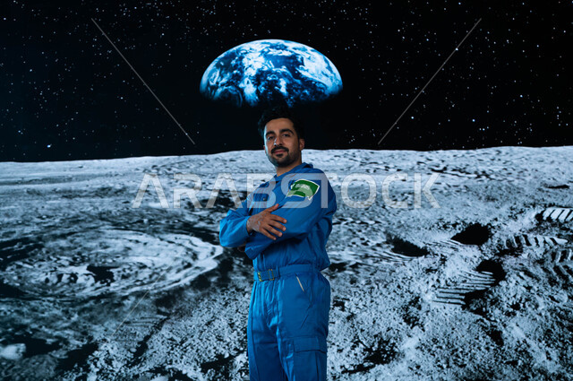 A smiling Saudi Arab Gulf astronaut in the space world, standing with ...