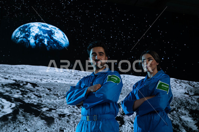 Standing with crossed hands, a 3D holographic background of the lunar ...