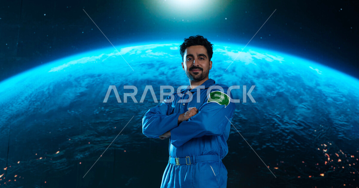 The logo of the Saudi flag on the blue space suit, standing with ...