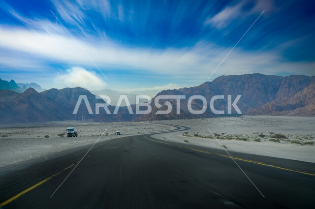 Fast walking roads in the desert of Hasma in the city of Tabuk in the ...