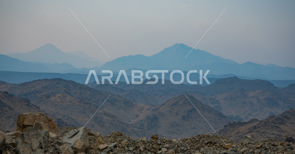 Close-up of mountain peaks and heights, rocky stones, hills and ...