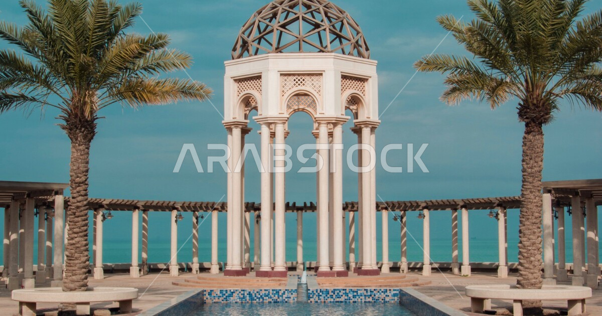 The sea beach promenade overlooking the coast of the Arabian Gulf, a ...