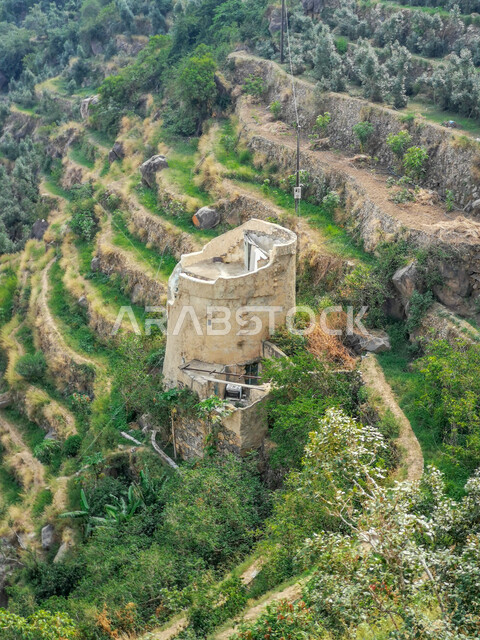 Mountain peaks, elevations, and agricultural terraces, vertical aerial ...
