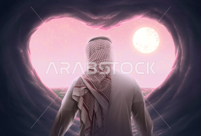 A picture from the back of a Saudi Arabian Gulf man wearing traditional ...