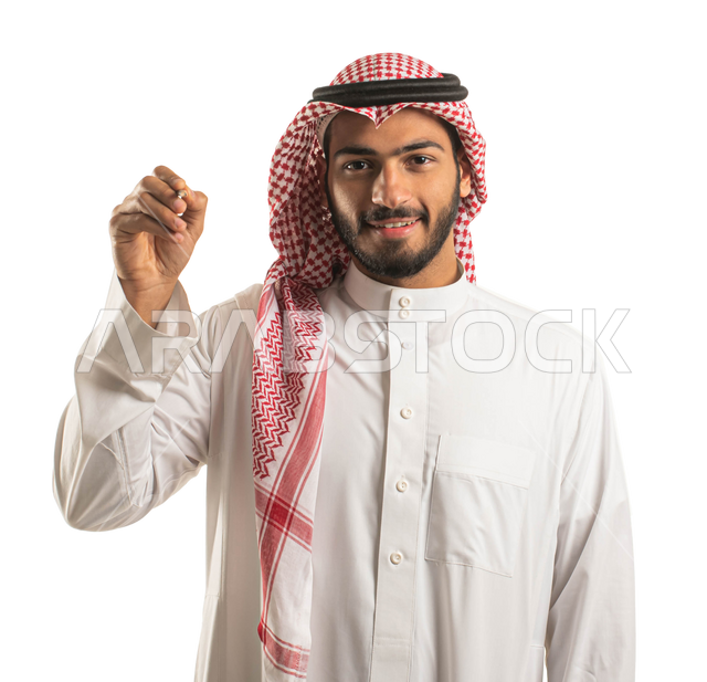Drawing, identifying and pointing, a portrait of a smiling Saudi ...