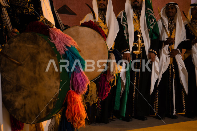 The Hijazi Ardah, songs, and folk dancing with swords in front of the ...
