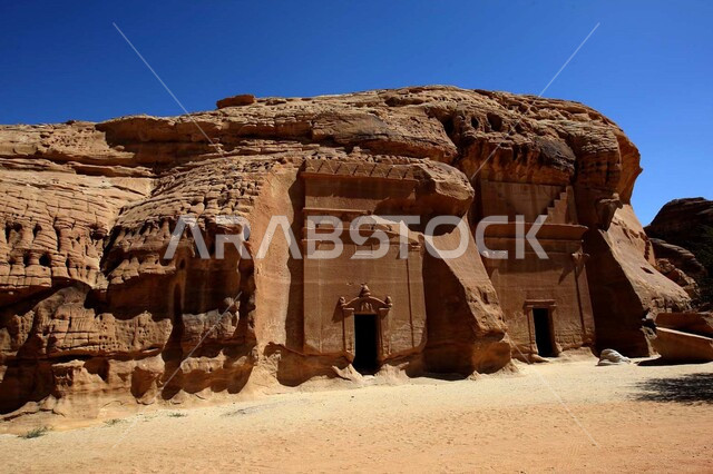 Ancient historical monuments in Madain Saleh, natural rock formations ...