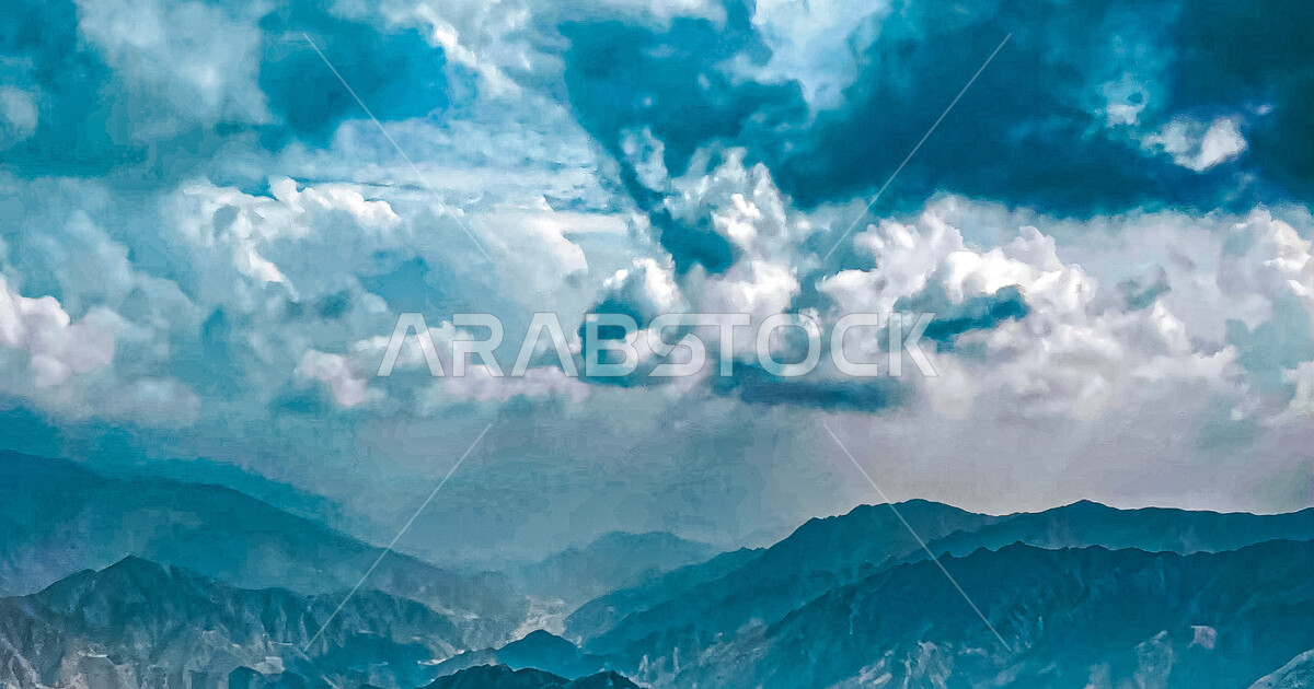 An asphalt road among the peaks and heights in the city of Asir, cloudy ...