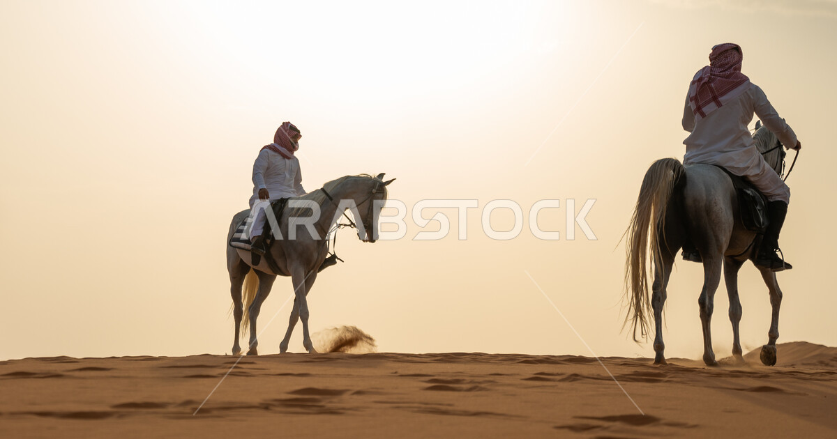 Two Saudi Arabian Gulf horsemen riding horses roaming in the desert nature at sunset, following ...