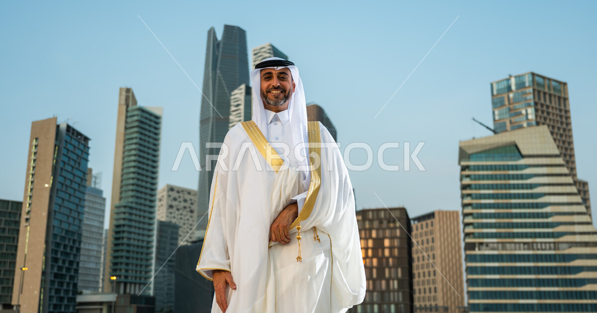 Skyscrapers and towers of the city of Riyadh, a smiling Saudi Arab Gulf ...