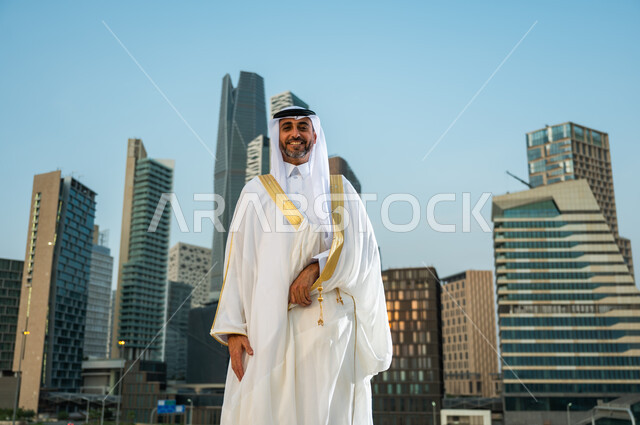 Skyscrapers and towers of the city of Riyadh, a smiling Saudi Arab Gulf ...