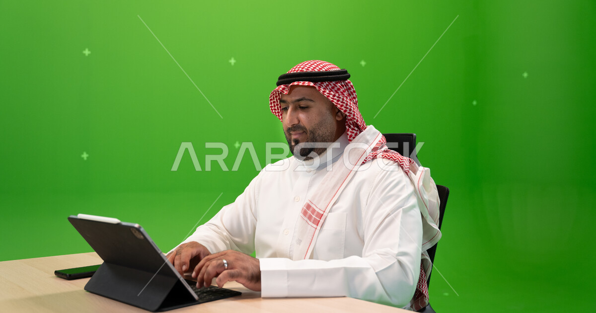 Modern devices and technologies used in offices, a portrait of a young ...