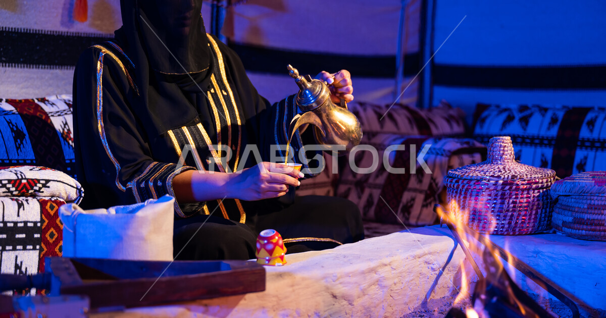 Authentic Saudi customs and traditions in serving Arabic coffee, the ...