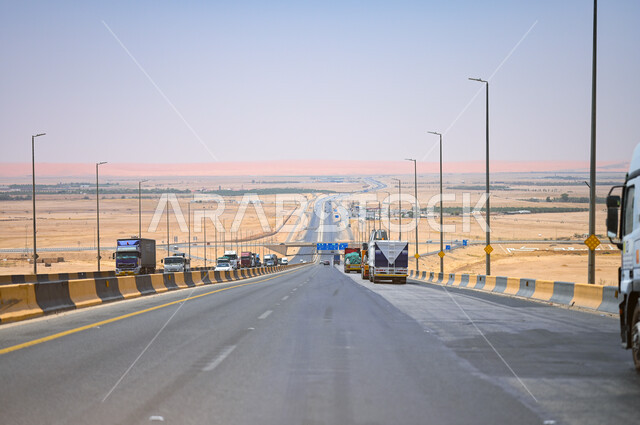 Asphalt roads and streets in natural desert areas in Saudi Arabia, car ...