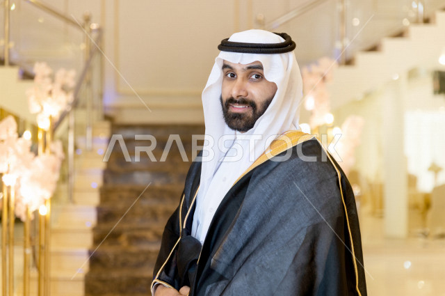 A young Saudi Arabian bridegroom in the Gulf for a photo session at his ...