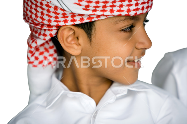 Feeling happy and pleased, a close-up portrait of a smiling Emirati ...