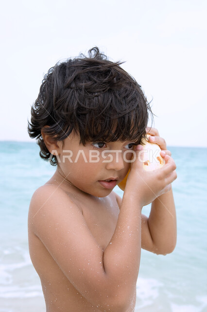 Exploring seashells and sea creatures, a close-up photo of an Emirati ...