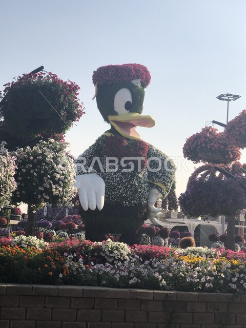 Hanging flowers in front of a giant statue in the form of a duck ...