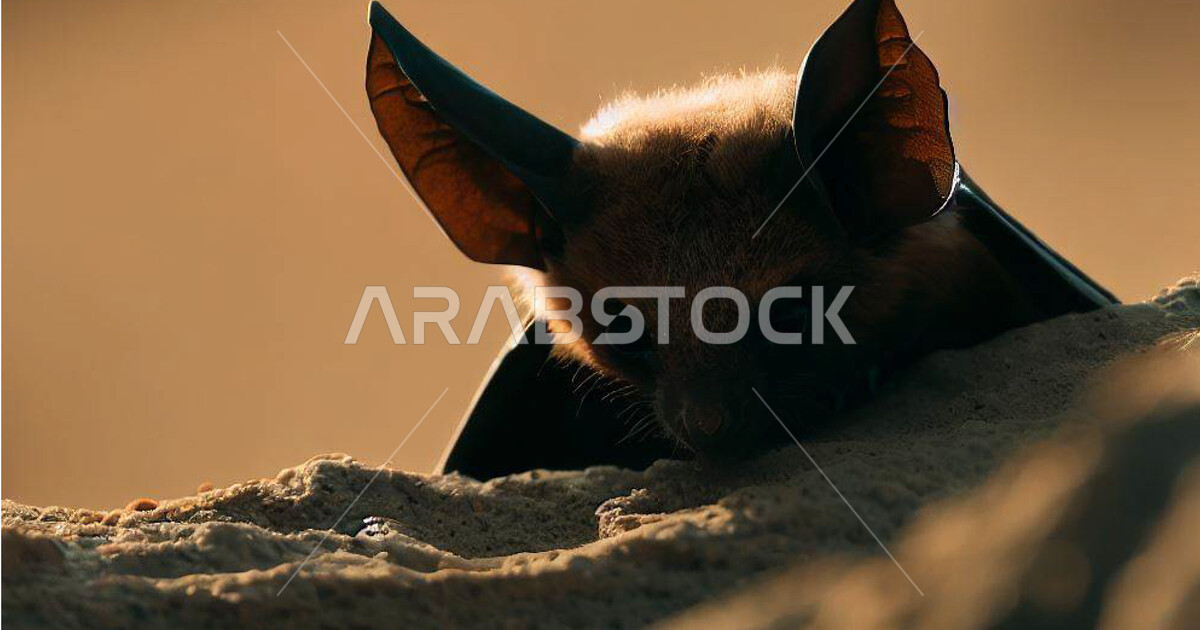 Flying animal family, cave animals and birds, close-up of a long-eared ...