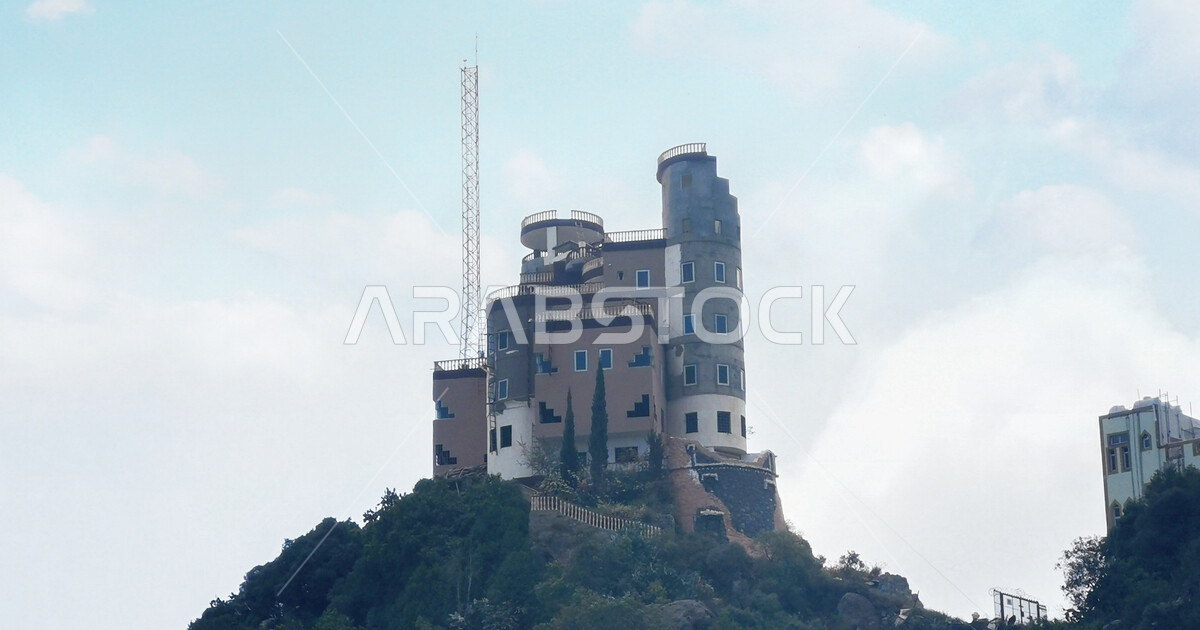 Old buildings in Faifa Governorate in Saudi Arabia, trees and green ...