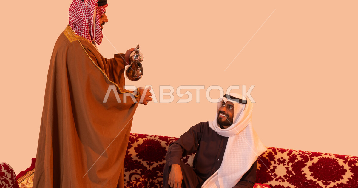 A popular Arab bar session, a portrait of a Saudi Gulf Arab man pouring ...