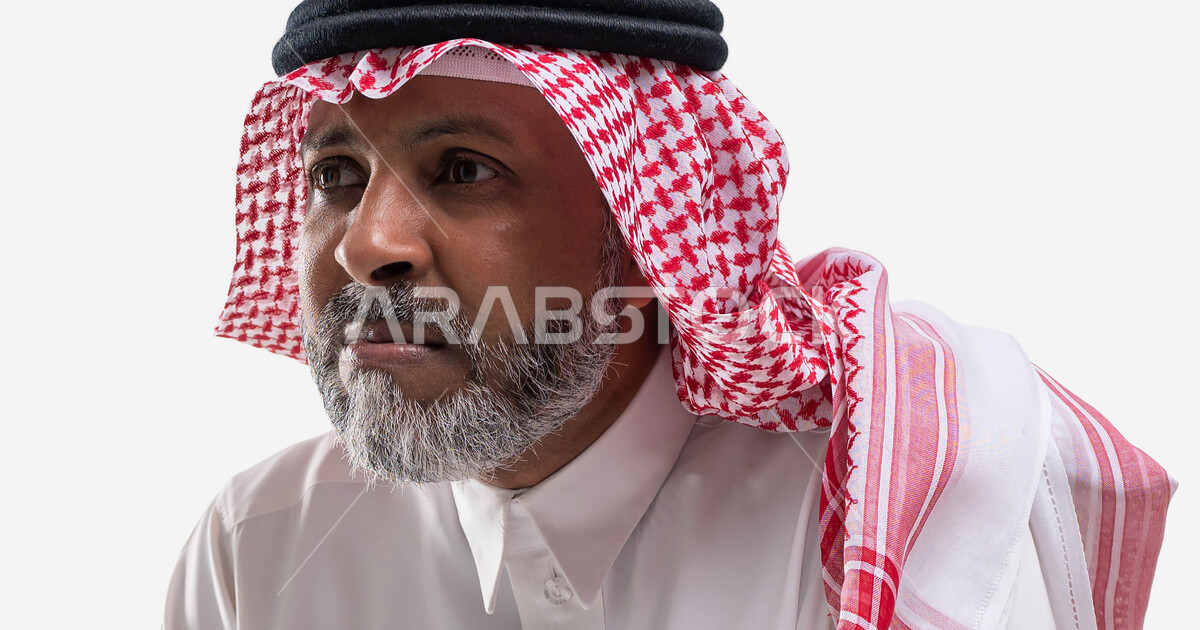 Looks of despair and sadness, a close-up portrait of an elderly Saudi ...