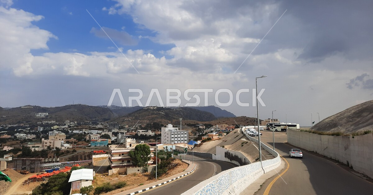Natural mountain peaks and heights, public roads and streets in the ...