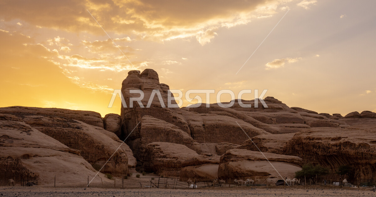 منظر غروب الشمس في سماء المملكة العربية السعودية، الكثبان الذهبية ...