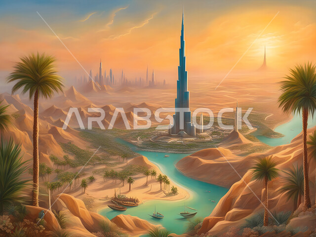 Green palm trees and desert landscapes in Dubai, oil and watercolor ...