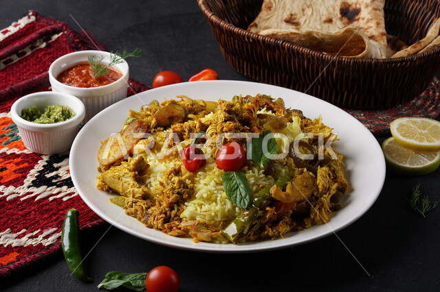 Bukhari rice cooked with fresh spices, a close-up photo of a plate of ...