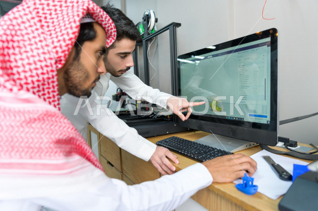 Two innovative young Saudis discuss research matters using computers ...