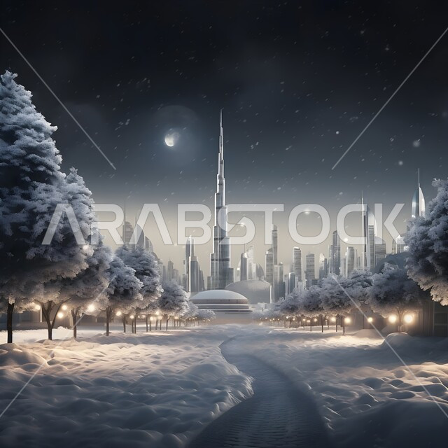 لوحه فنيه خيالية بالالوان الزيتيه والمائيه لبرج خليفه في فصل الشتاء ...