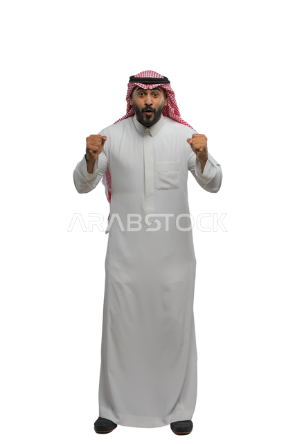 Gestures of victory and victory, portrait of a smiling Saudi Gulf Arab ...