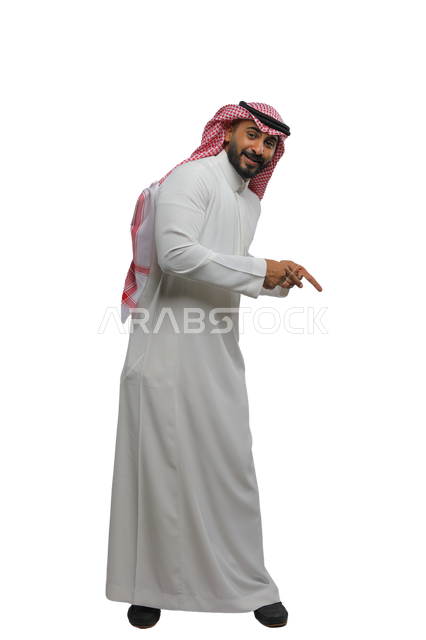 Bending and pointing to a specific location, portrait of a smiling ...