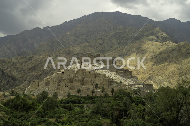 Stone houses on the mountain in the Al-Baha region, Saudi Arabia, the ...