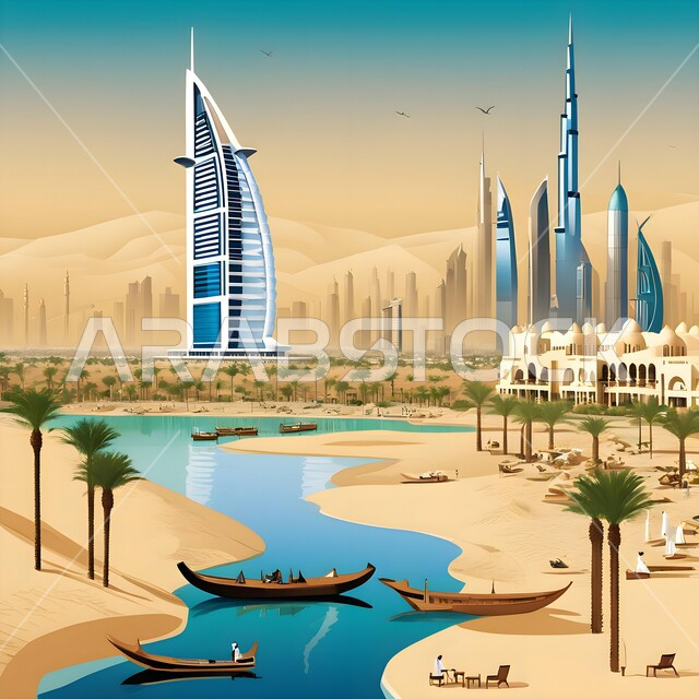 An artistic painting of Dubai landmarks, architectural art of towers ...