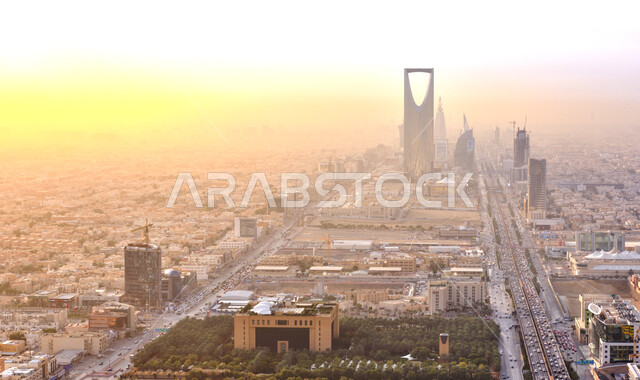 The skyline of the city of Riyadh at sunrise, work on the growth and ...