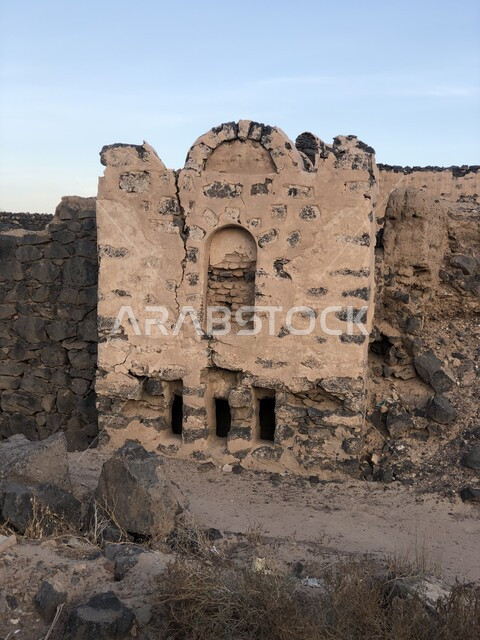 Walls built of volcanic stones, clay and plaster, Saudi national ...