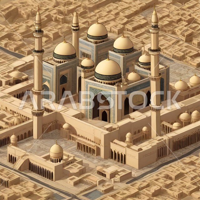 Sand dunes in desert areas, a picture from above of a sand mosque with ...