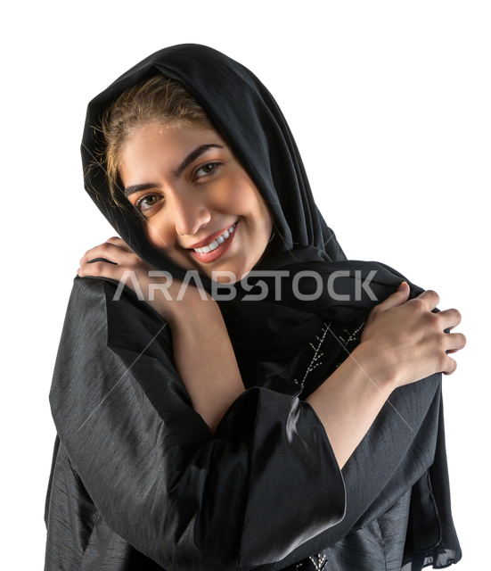 Portrait of a happy Saudi Arabian Gulf woman with different face and ...