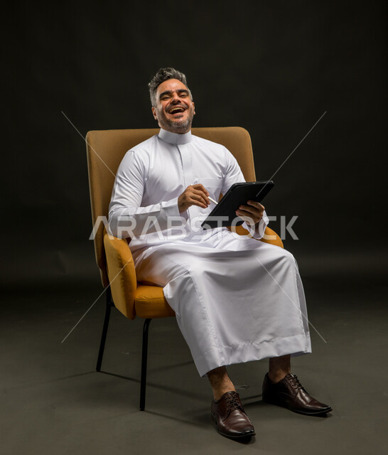 Laughing while reading jokes and humor, communicating with family and ...