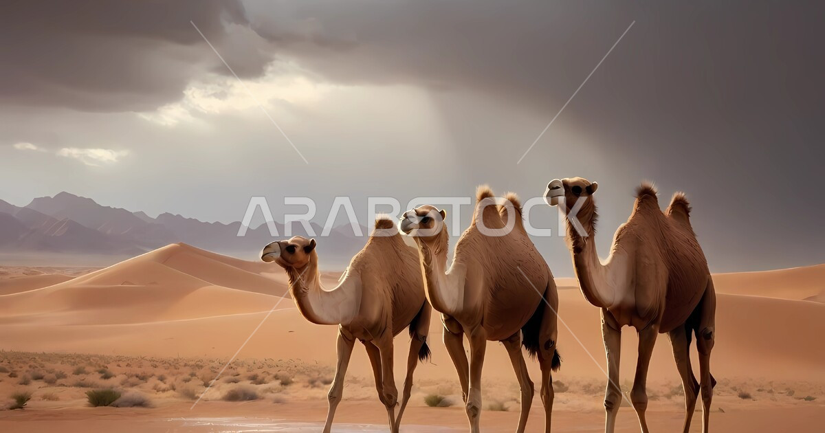 Desert ship camels walking on soft golden sand in foggy and rainy skies ...