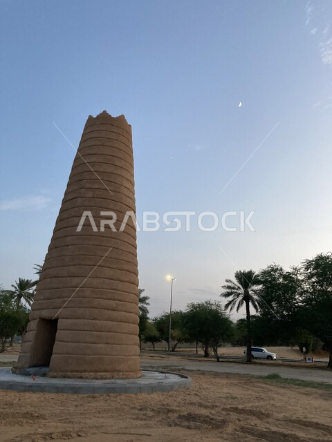 The architectural art of the archaeological Al-Shams Tower on the ...
