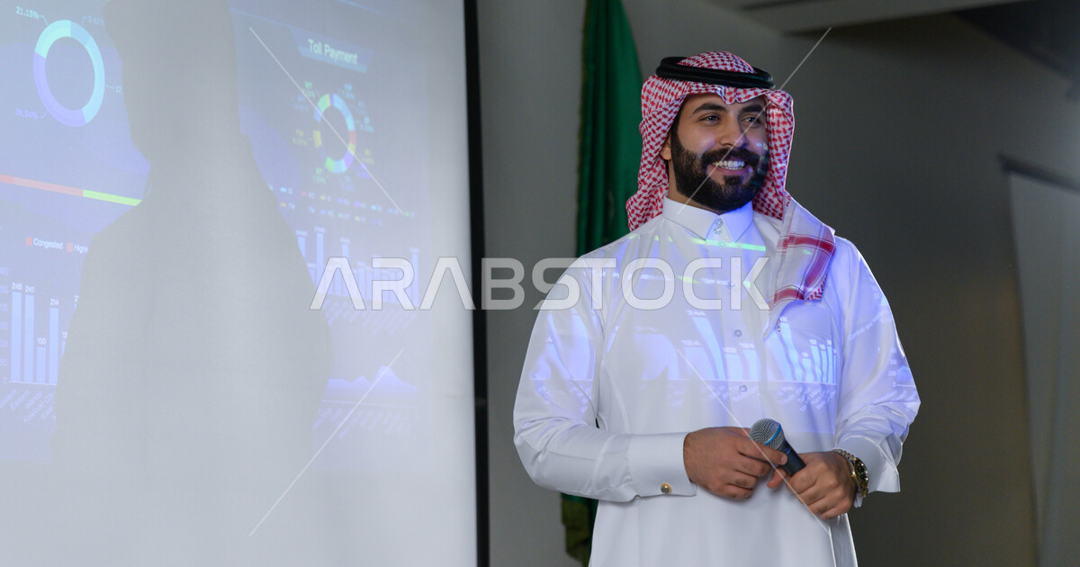 Close-up picture of a Saudi businessman, a speaker and a participant in ...