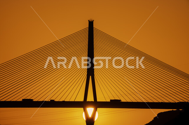 Sunset on the cable-stayed suspension bridge in Wadi Laban in Riyadh ...