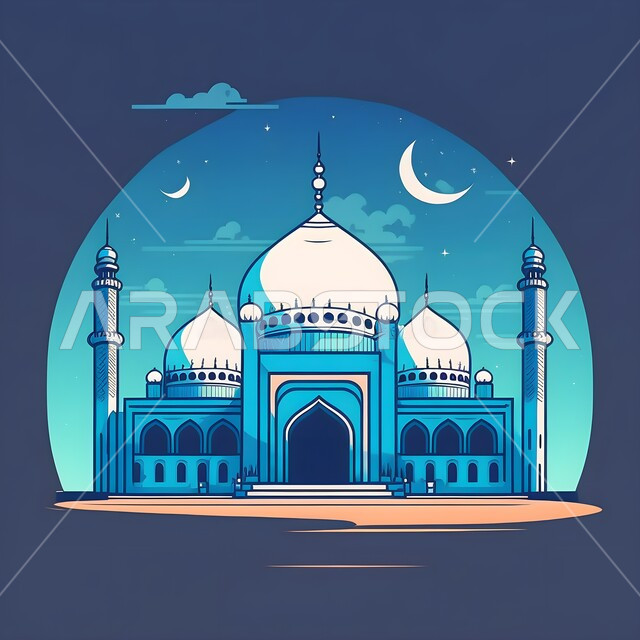 A watercolor painting of a mosque at night, Islamic creative paintings ...