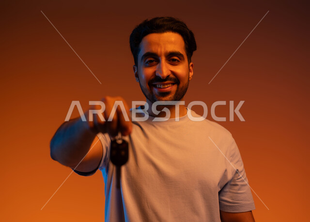 Receiving and handing over keys, acquiring a new car with happy ...
