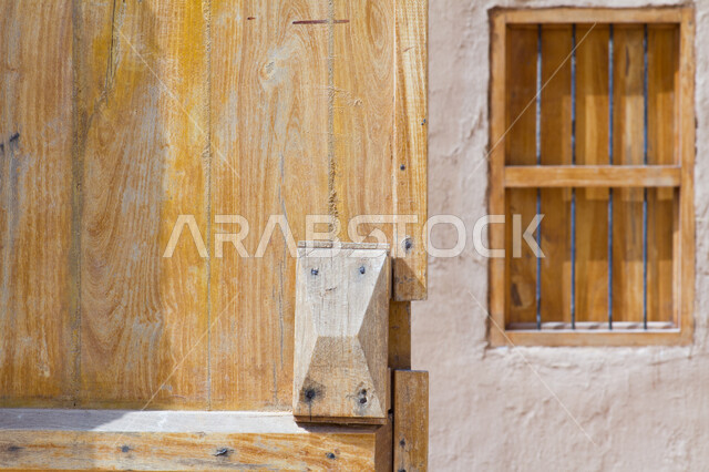 A close-up photo of a wooden door with a window next to it in the ...