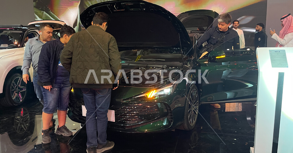 Tourists enjoy seeing and examining modern, advanced electric cars in ...